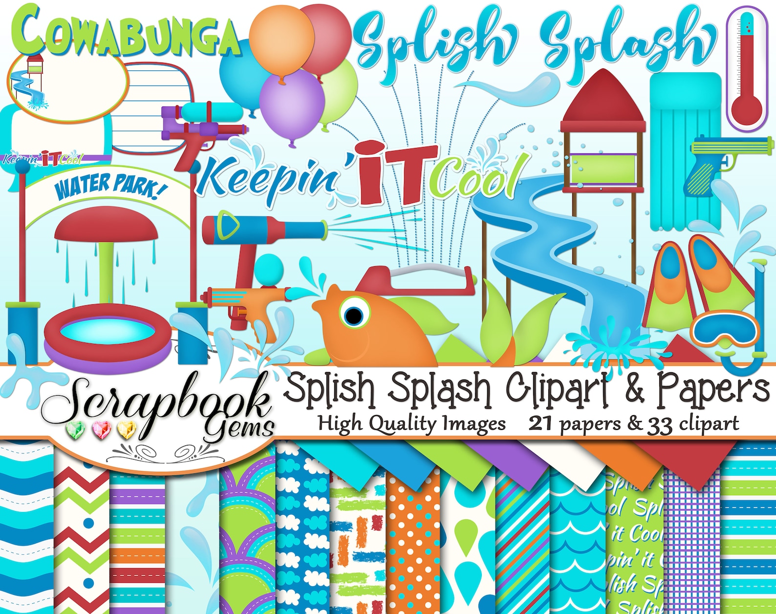 SPLISH SPLASH Clipart and Papers Kit, 33 Png Clip Arts, 21 Jpeg Papers ...