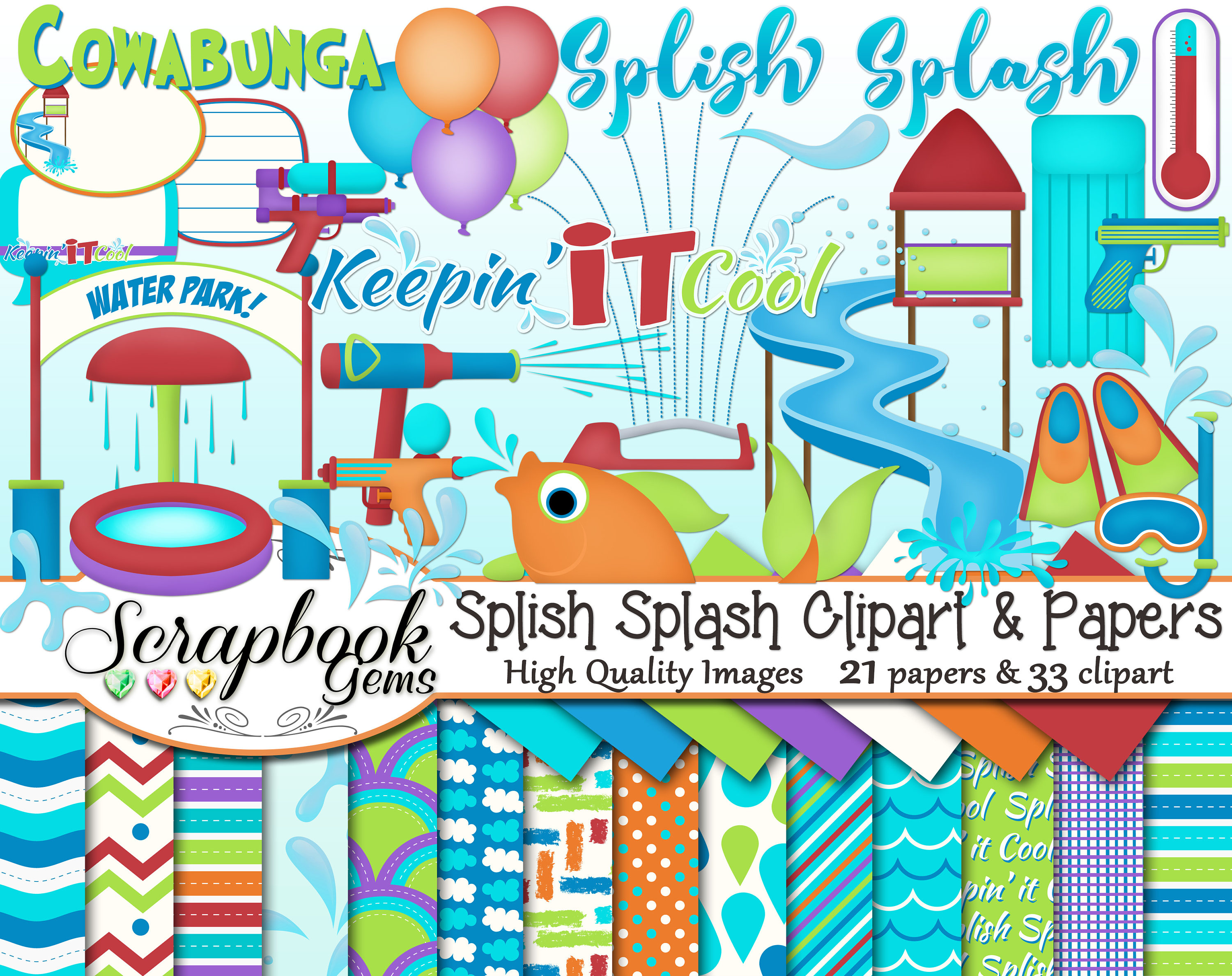 SPLISH SPLASH Clipart and Papers Kit 33 Png Clip Arts 21 - Etsy Australia