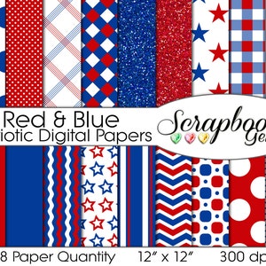 Patriotic Red & Blue Digital Papers, 18 Pieces, 12" X 12", High Quality ...