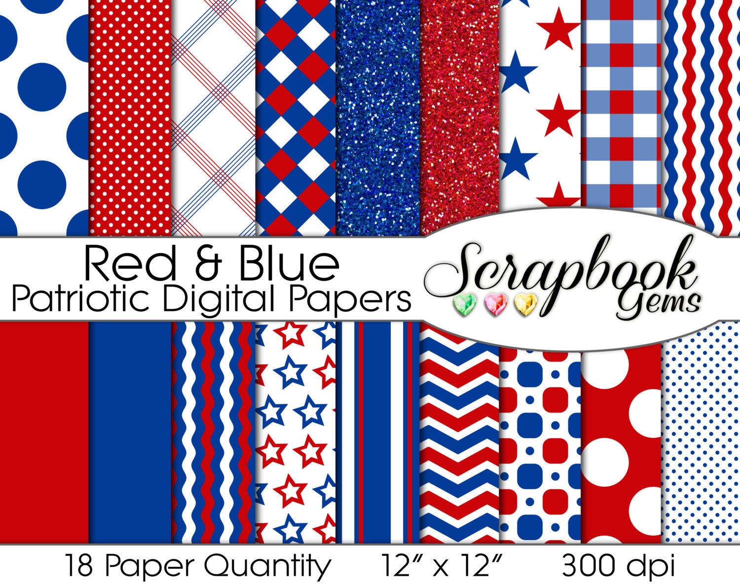 Patriotic Red & Blue Digital Papers 18 Pieces 12 x | Etsy