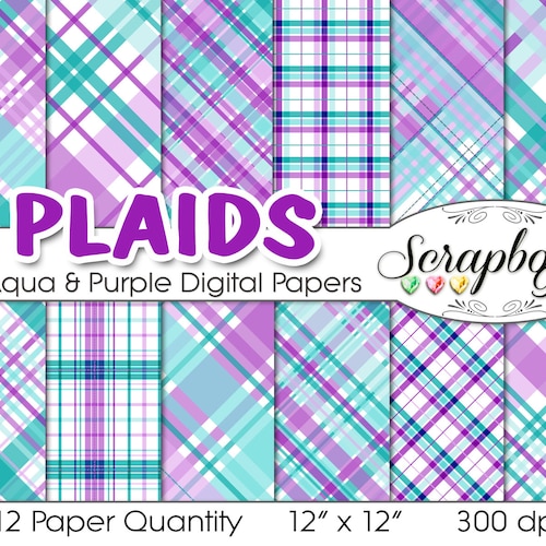 Plaid Aqua & Purple Digital Papers 12 Pieces 12 X - Etsy