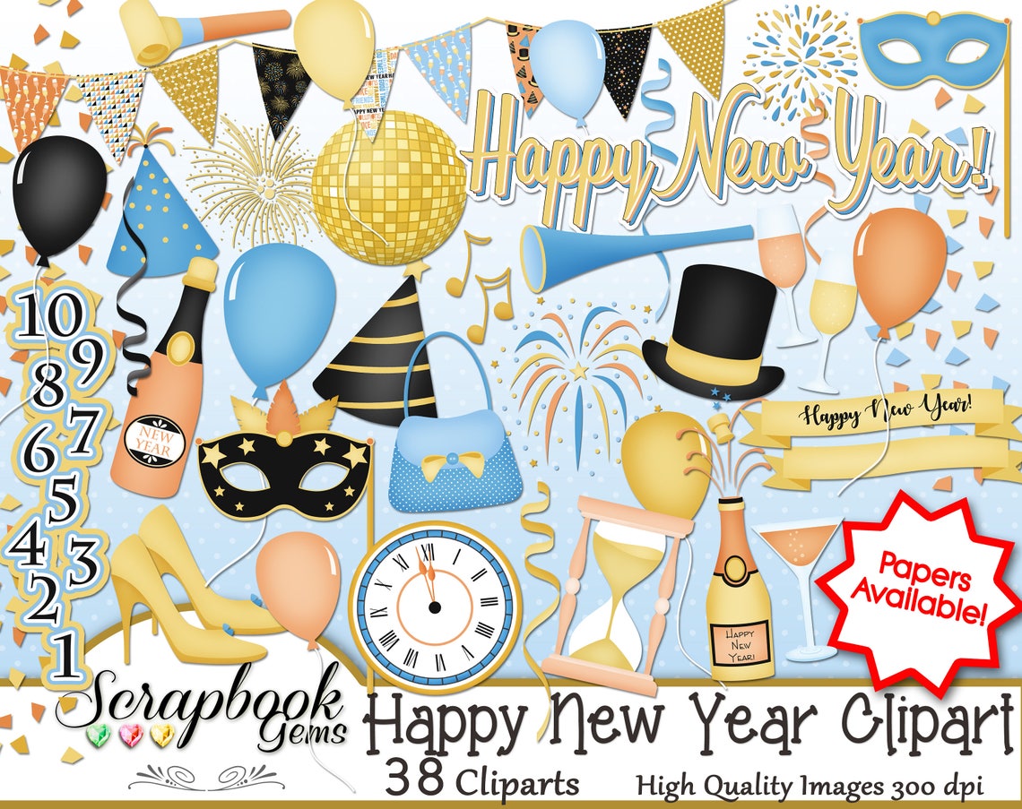 HAPPY NEW YEAR Clipart and Papers Kit 38 Png Clip Arts 22 - Etsy