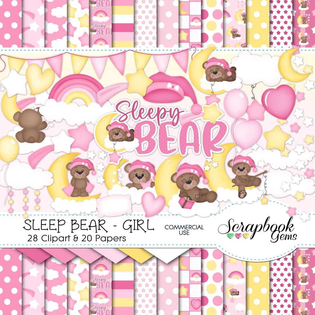 SLEEPY BEAR - GIRL Clipart & Papers Kit, 28 Png Clipart Files, 20 Jpeg ...