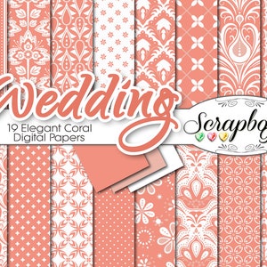 Coral Wedding Floral Digital Papers 19 Pieces 12 X - Etsy