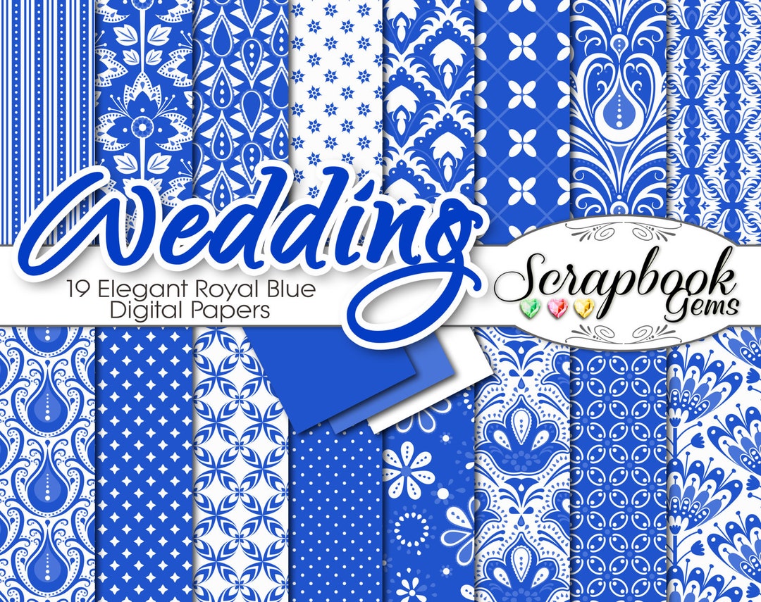 Royal Blue Wedding Floral Digital Papers , 19 Pieces 12" X 12", High ...