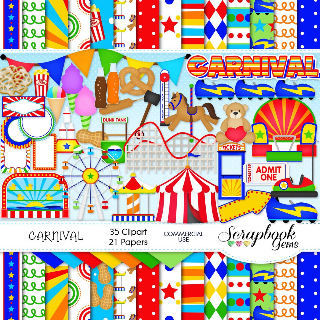CARNIVAL Clipart & Papers Kit, 34 Png Clip Arts, 21 Jpeg Papers Instant ...