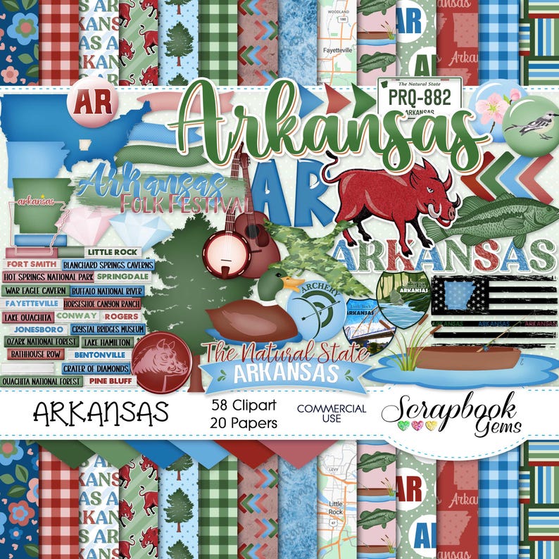 ARKANSAS Clipart and Papers Kit, 58 Png Clip Arts, 20 Jpeg Papers ...