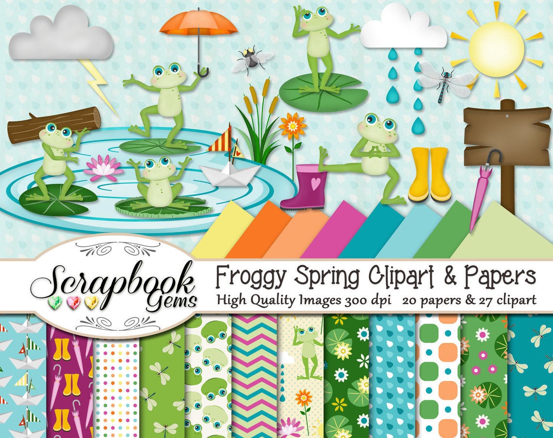 FROGGY SPRING Clipart & Papers Kit, 27 Png Clip Art Files, 20 Jpeg ...