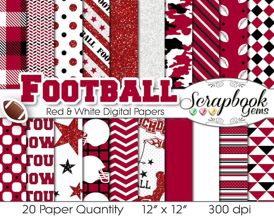 Football Digital Papers Red & White, 20 Pieces, 12" X 12", High Quality ...