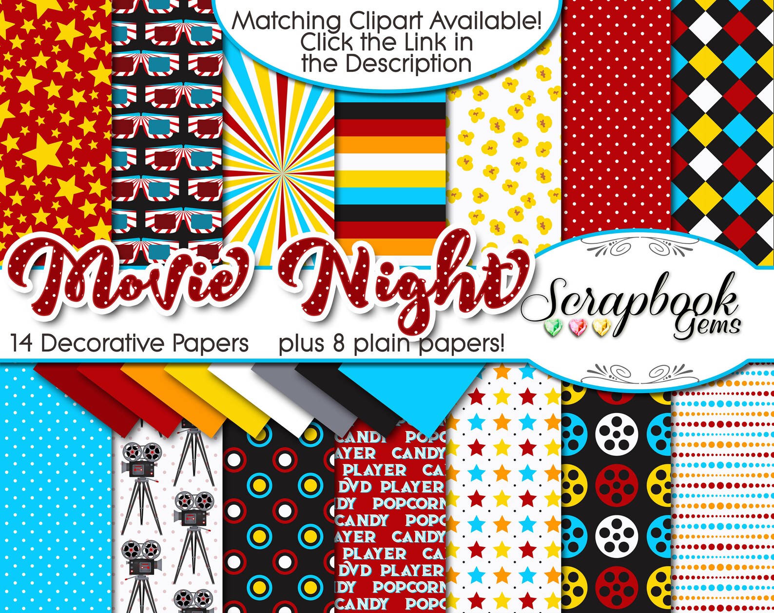 MOVIE NIGHT Clipart and Papers Kit, 30 Png Clip Arts, 22 Jpeg Papers ...