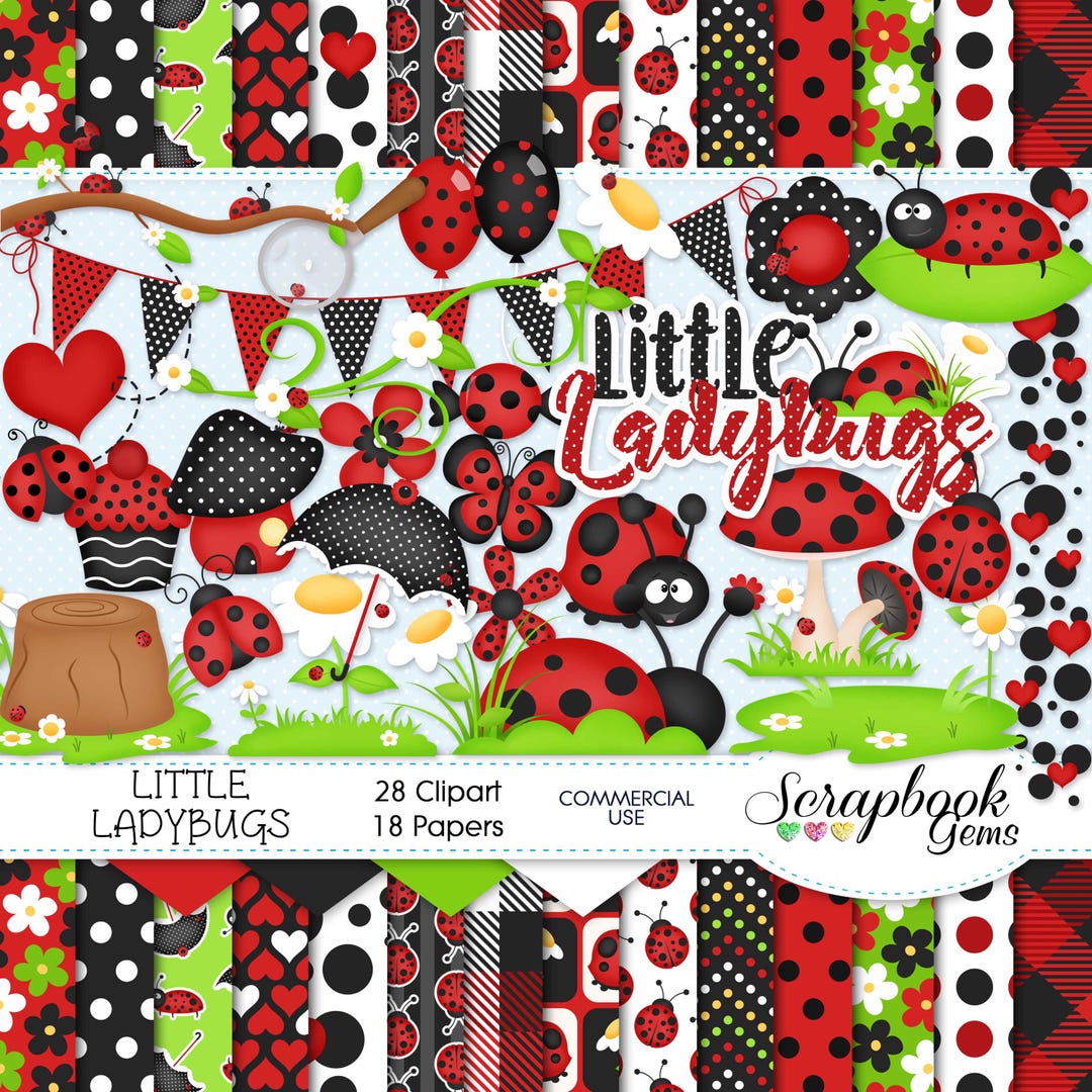 LITTLE LADYBUGS Clipart and Papers Kit, 28 Png Clipart Files, 19 Jpeg ...