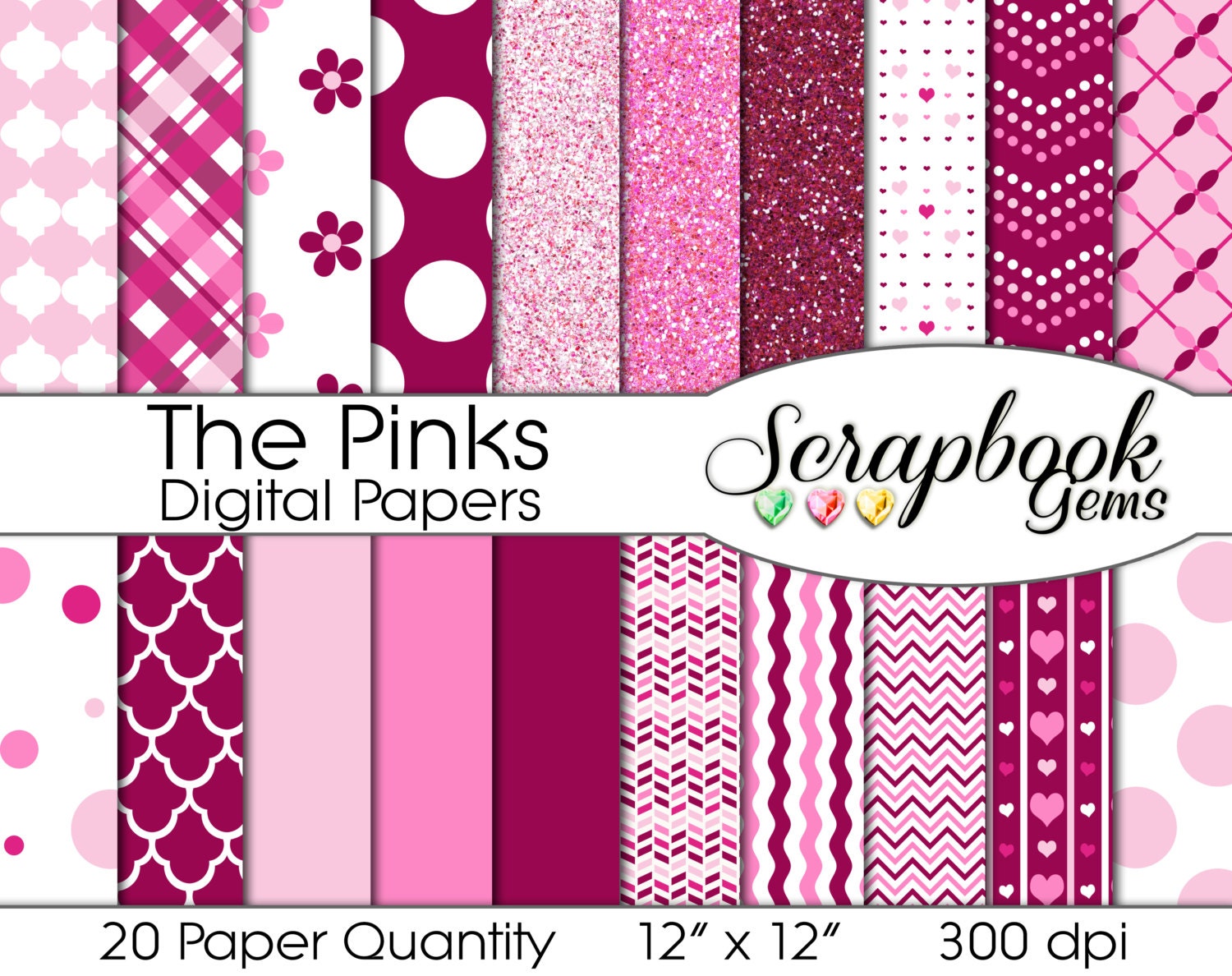 THE PINKS Coordinated Digital Papers, 20 Papers, 12" X 12", High ...