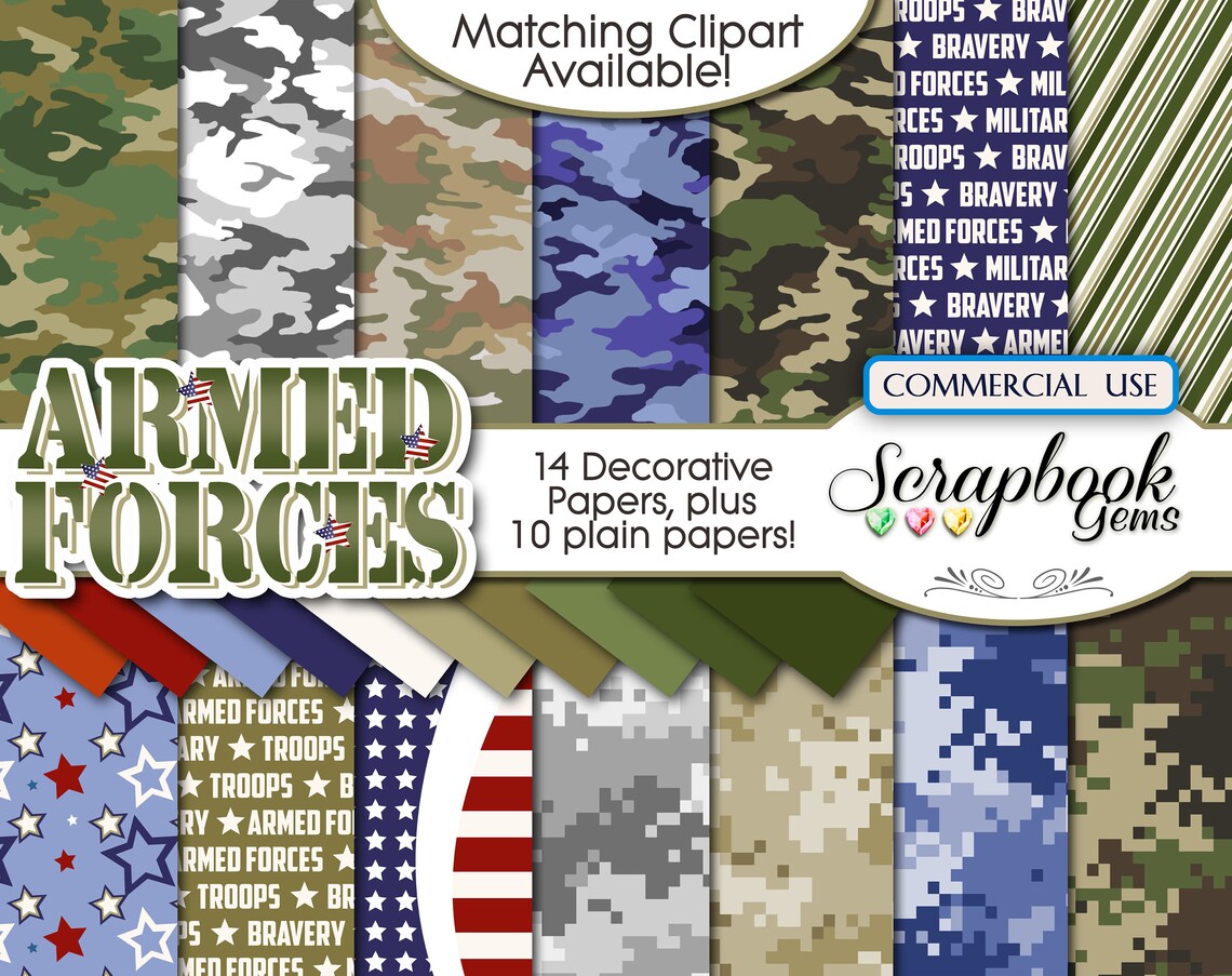 ARMED FORCES Clipart & Papers Kit, 43 Png Clipart Files, 24 Jpeg Paper ...