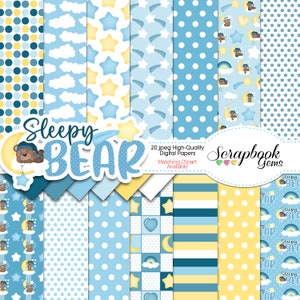 SLEEPY BEAR - BOY Clipart & Papers Kit, 28 Png Clipart Files, 20 Jpeg ...