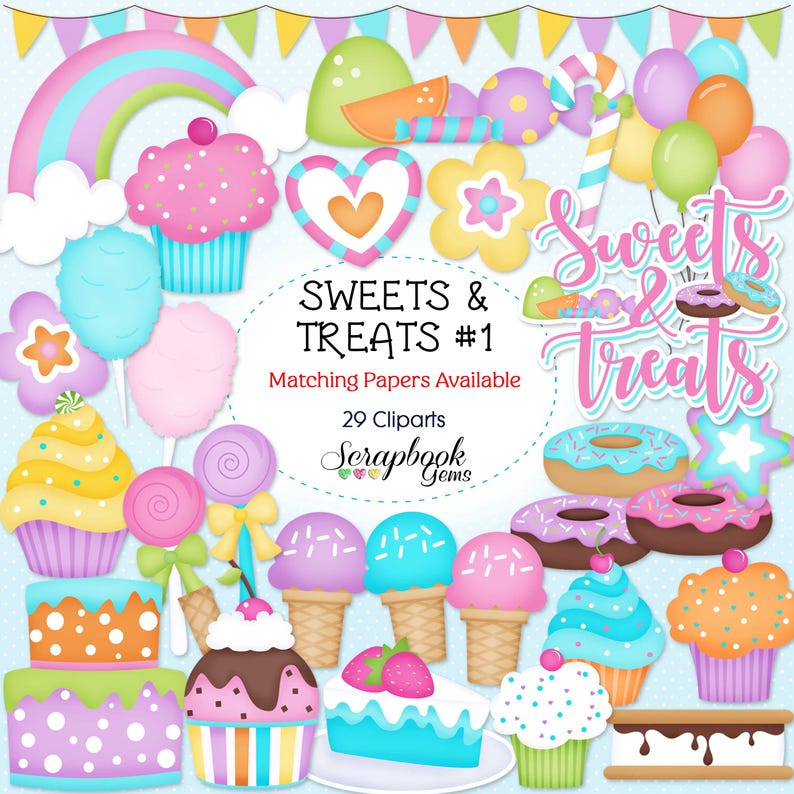 SWEETS & TREATS #1 Clipart and Papers Kit, 29 Png Clipart Files, 21 ...