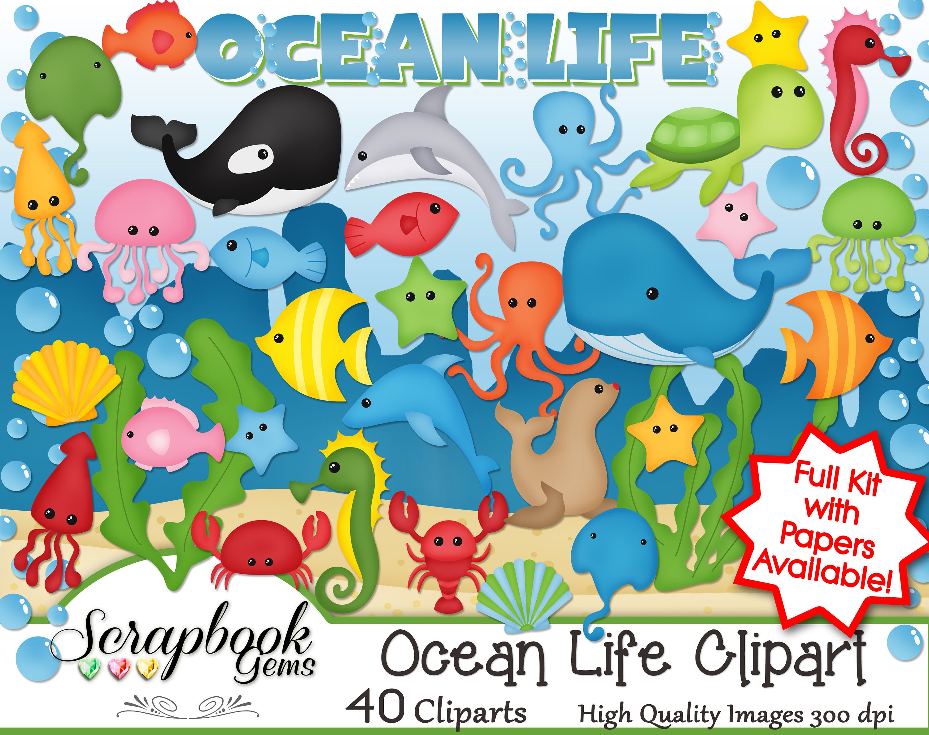 OCEAN LIFE Clipart and Papers Kit 40 Png Clip Arts 24 Jpeg - Etsy