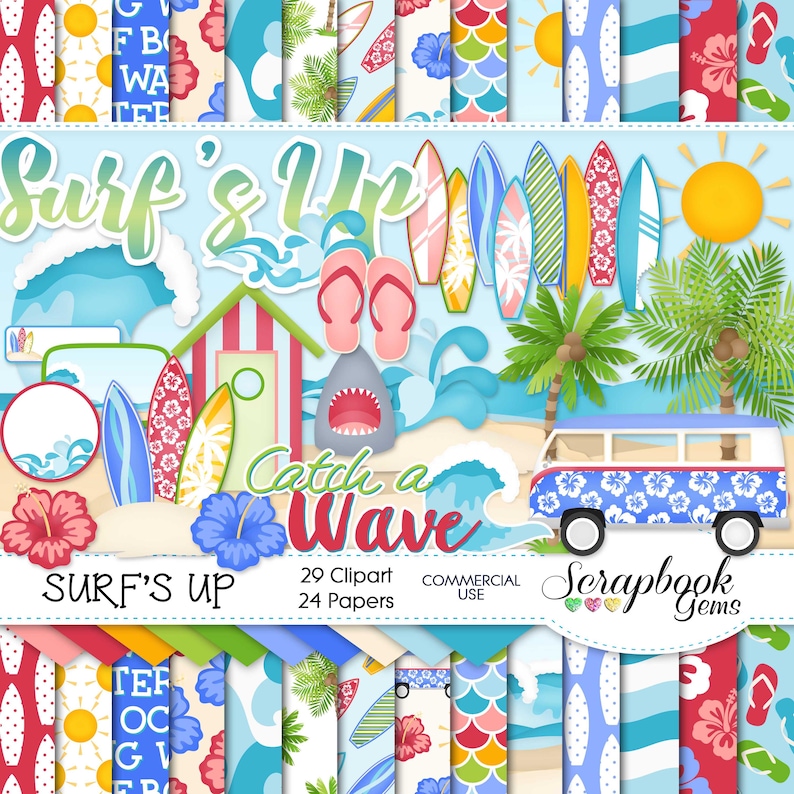 SURF'S UP Clipart and Papers Kit, 29 Png Clip Arts, 24 Jpeg Papers ...