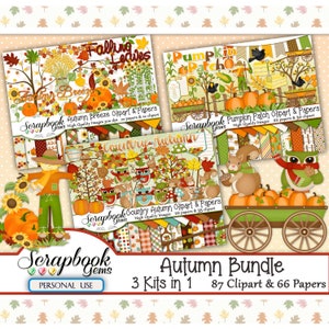 AUTUMN BUNDLE - 3 Kits in 1, 87 Cliparts & 66 Papers, Instant Download ...