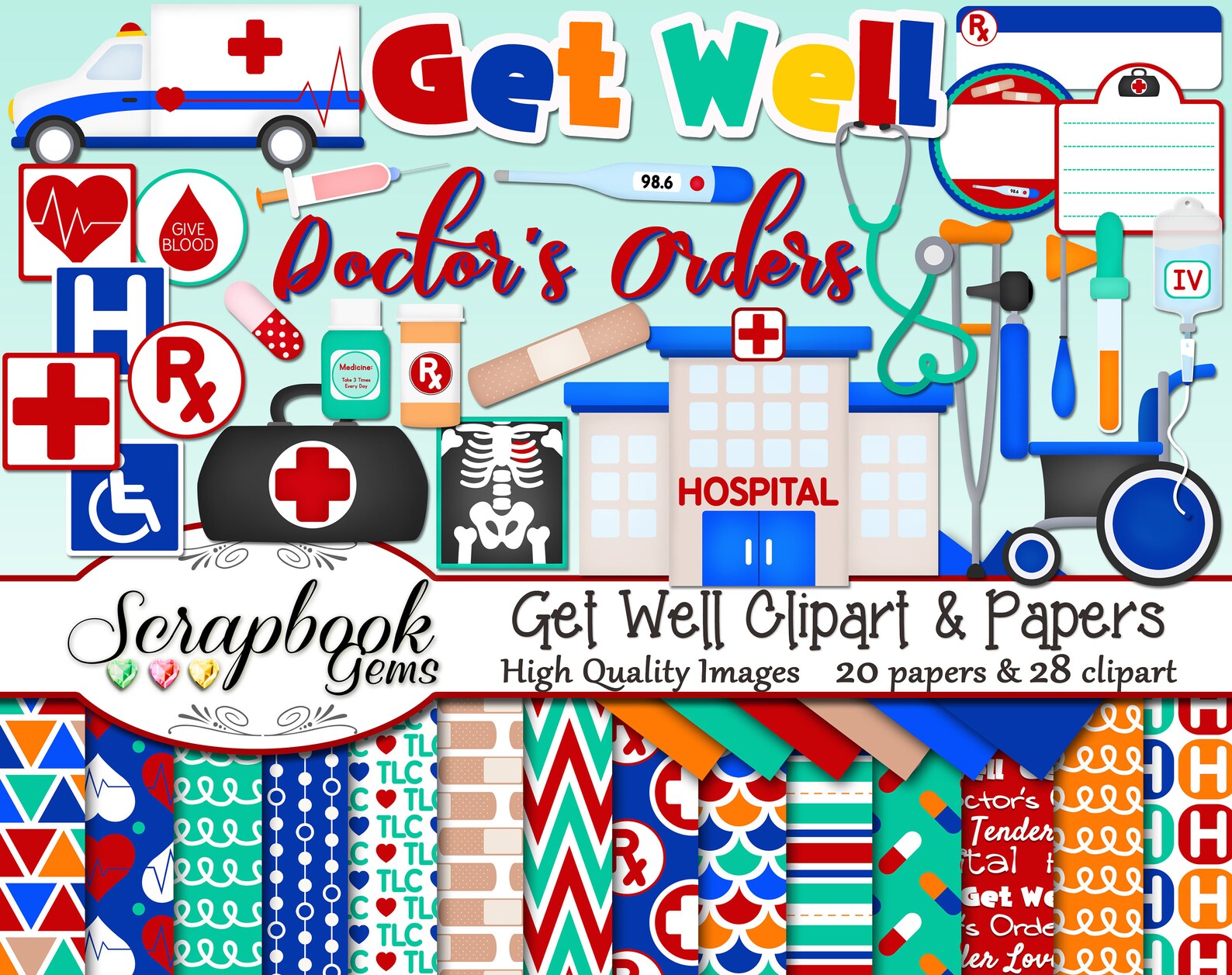 GET WELL Hospital Clipart & Papers Kit, 28 Png Clip Arts, 20 Jpeg ...