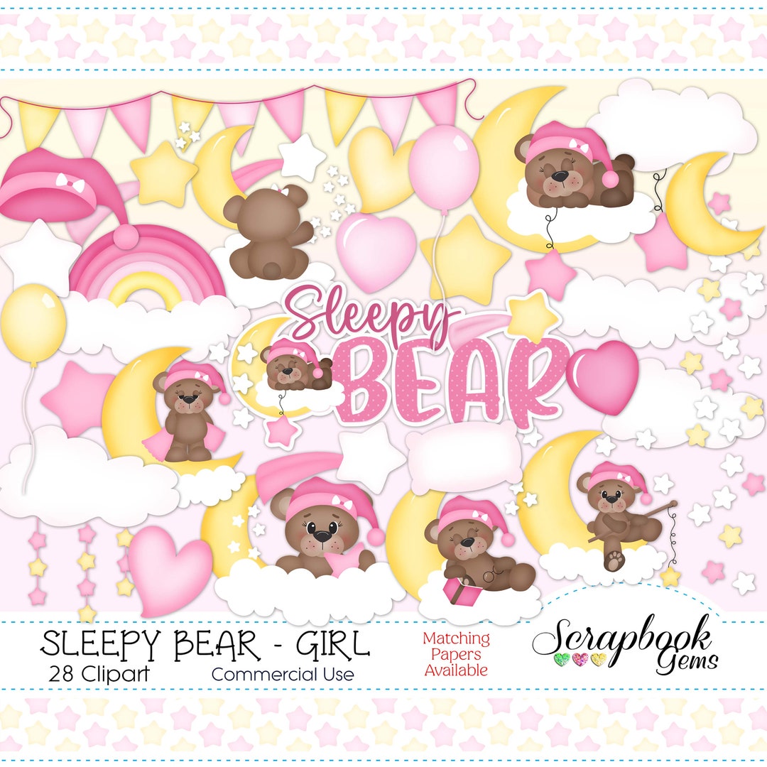 SLEEPY BEAR - GIRL Clipart, 28 Png Clipart Files Instant Download Baby ...