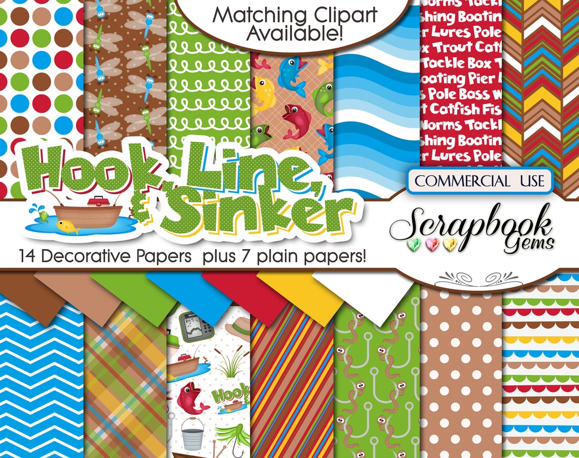 Hook, Line, & Sinker Clipart and Papers Kit, 29 Png Clip Arts, 21 Jpeg ...