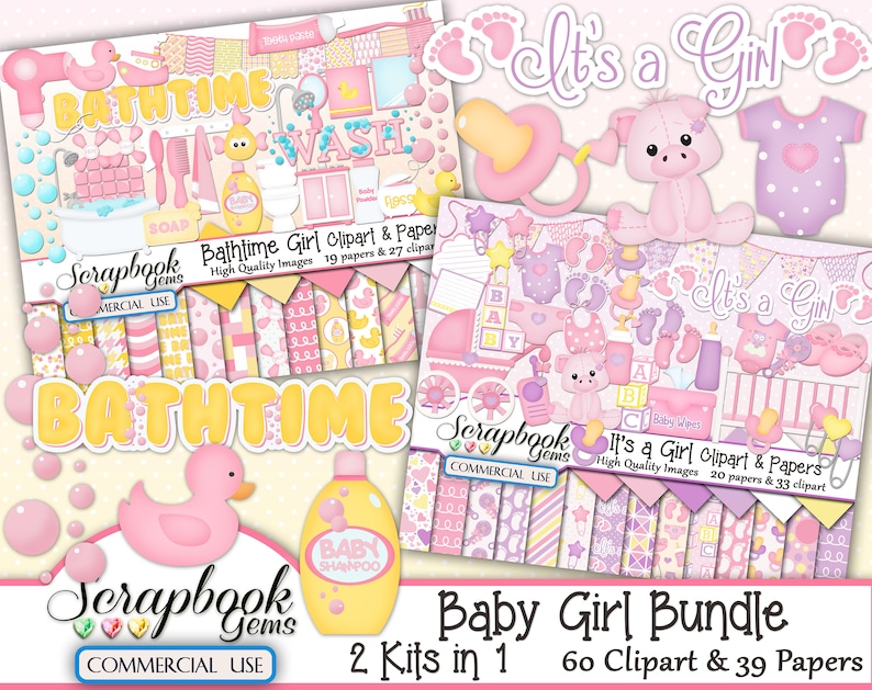 BABY GIRL BUNDLE - 2 Kits in 1, 60 Cliparts & 39 Papers, Instant ...