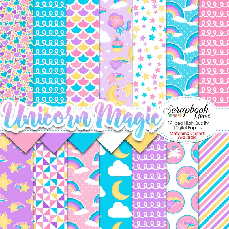 UNICORN MAGIC Clipart & Papers Kit, 32 Png Clipart Files, 19 Jpeg Paper ...