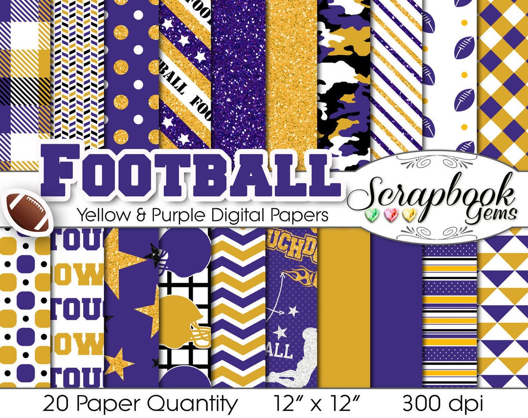 Football Digital Papers Purple & Yellow, 20 Pieces, 12" X 12", High ...
