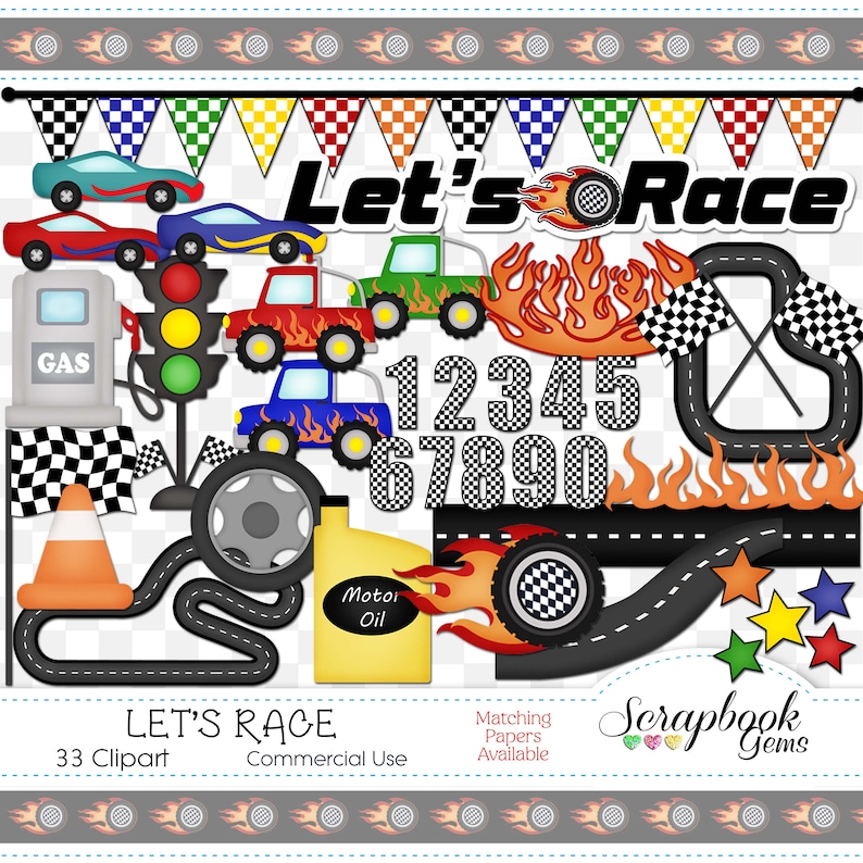 LET'S RACE Clipart and Papers Kit, 33 Png Clip Arts, 20 Jpeg Papers ...