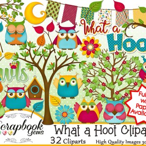 WHAT A HOOT OWL Clipart and Papers Kit, 32 Png Clip Arts, 26 Jpeg ...