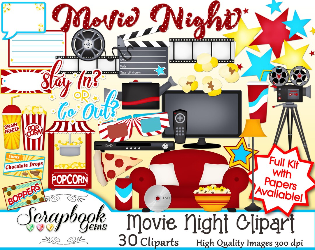 MOVIE NIGHT Clipart, 30 Png Clipart Files Instant Download Tags Couch ...