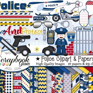 POLICE Clipart and Papers Kit, 29 Png Clip Arts, 21 Jpeg Papers Instant ...
