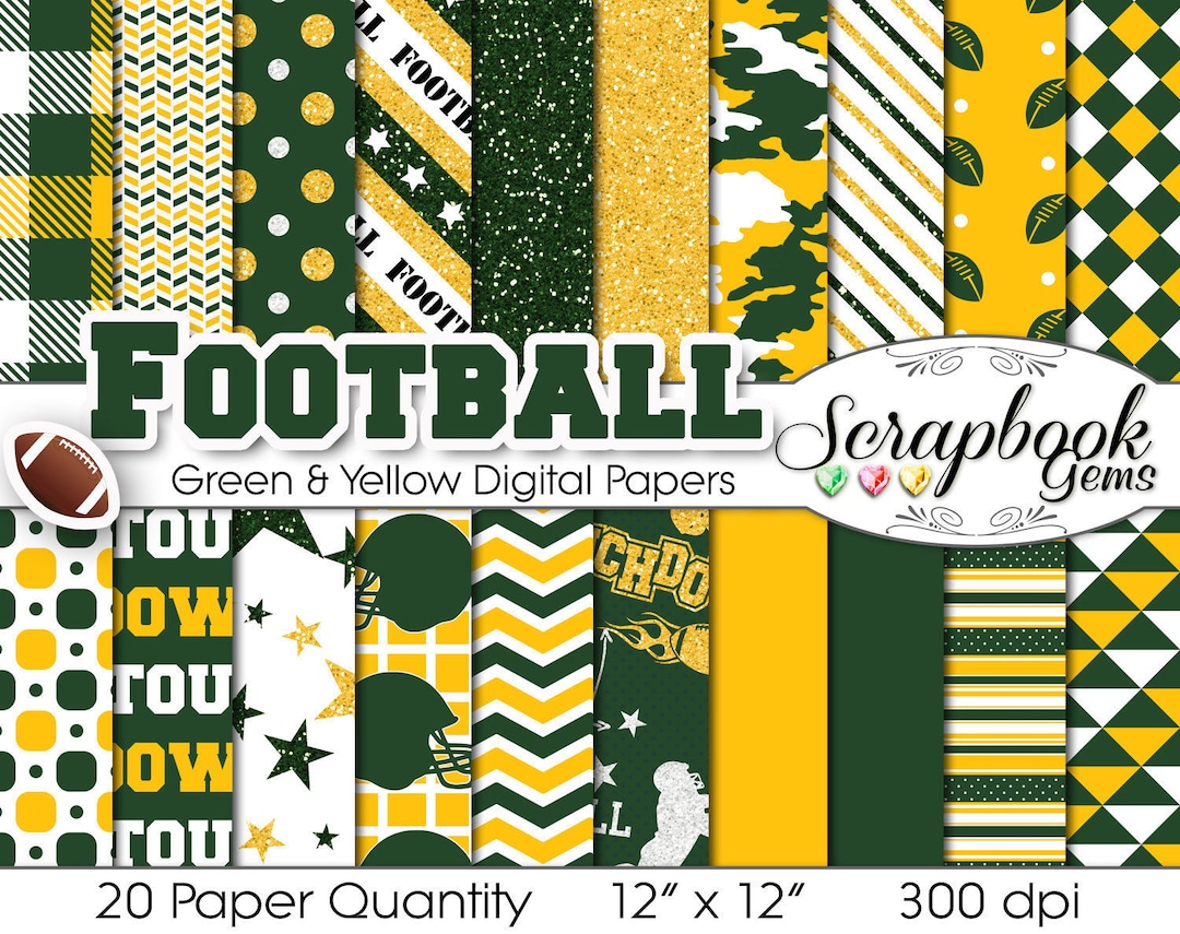 Football Digital Papers Green & Yellow, 20 Pieces, 12" X 12", High ...