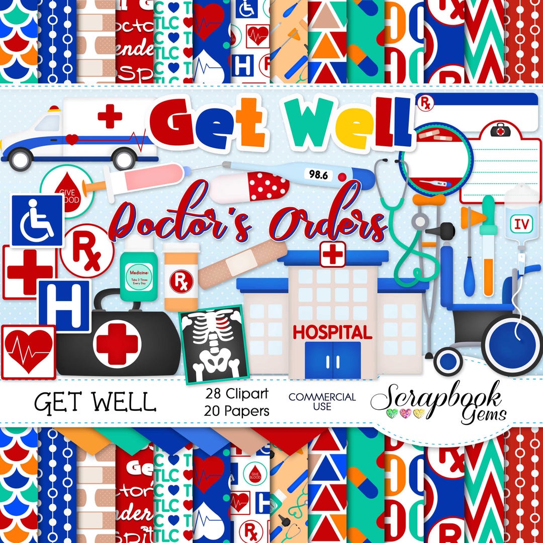 GET WELL Hospital Clipart & Papers Kit, 28 Png Clip Arts, 20 Jpeg ...