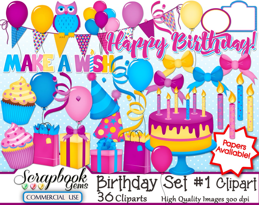 BIRTHDAY Set 1 Clipart, 36 Png Clipart Files Instant Download Party ...