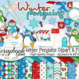 WINTER PENGUINS Clipart and Papers Kit, 26 Png Clip Arts, 23 Jpeg ...