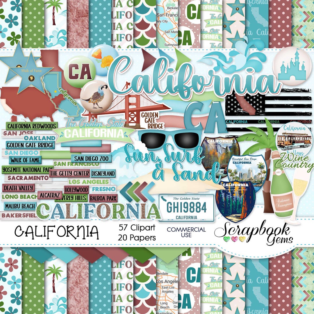 CALIFORNIA Clipart and Papers Kit, 57 Png Clip Arts, 20 Jpeg Papers ...