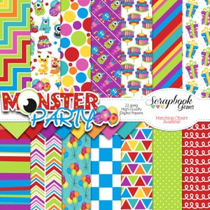 MONSTER PARTY Kit 1 Clipart and Papers Kit, 28 Png Clip Arts, 22 Jpeg ...