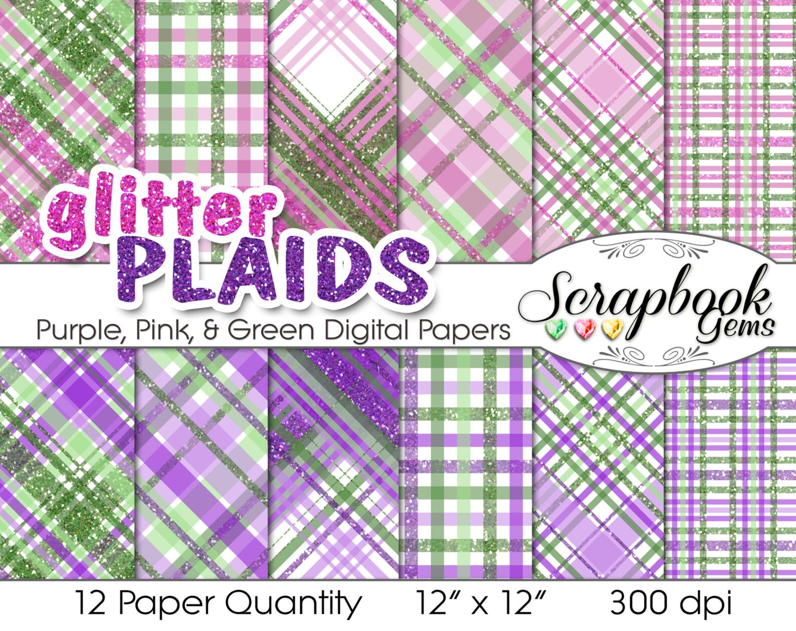 Glitter Plaid Pink Purple & Green Digital Papers 12 Pieces | Etsy