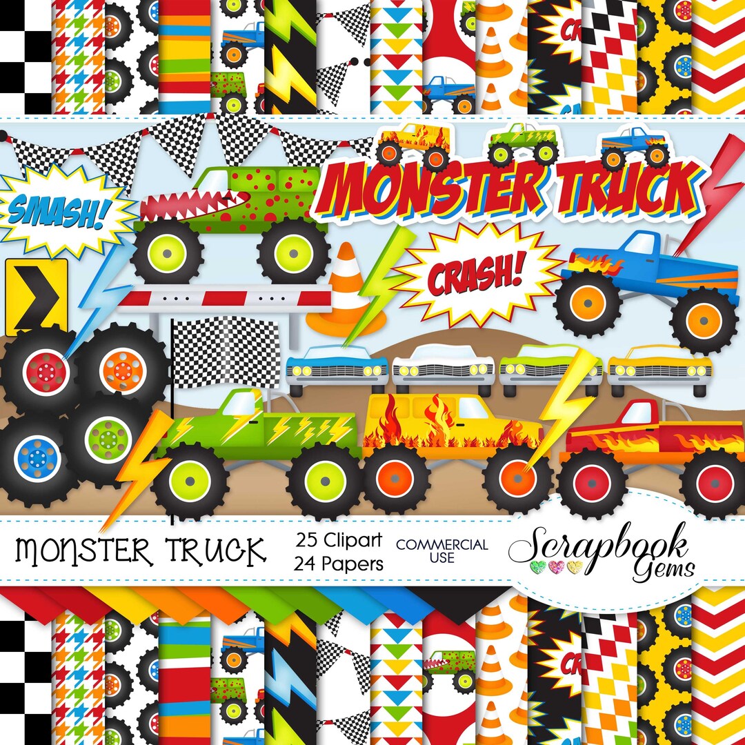 MONSTER TRUCK Clipart and Papers Kit, 25 Png Clip Arts, 24 Jpeg Papers ...