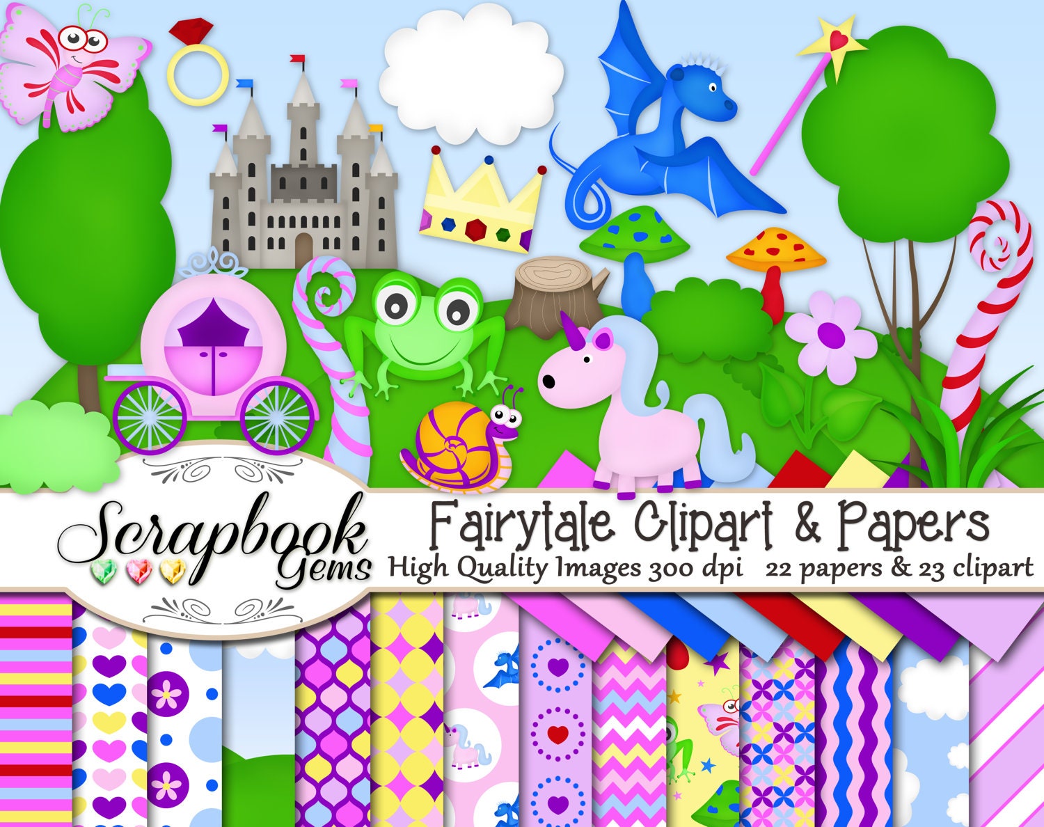 FAIRYTALE Clipart & Papers Kit, 23 Png Clipart Files, 22 Jpeg Paper ...