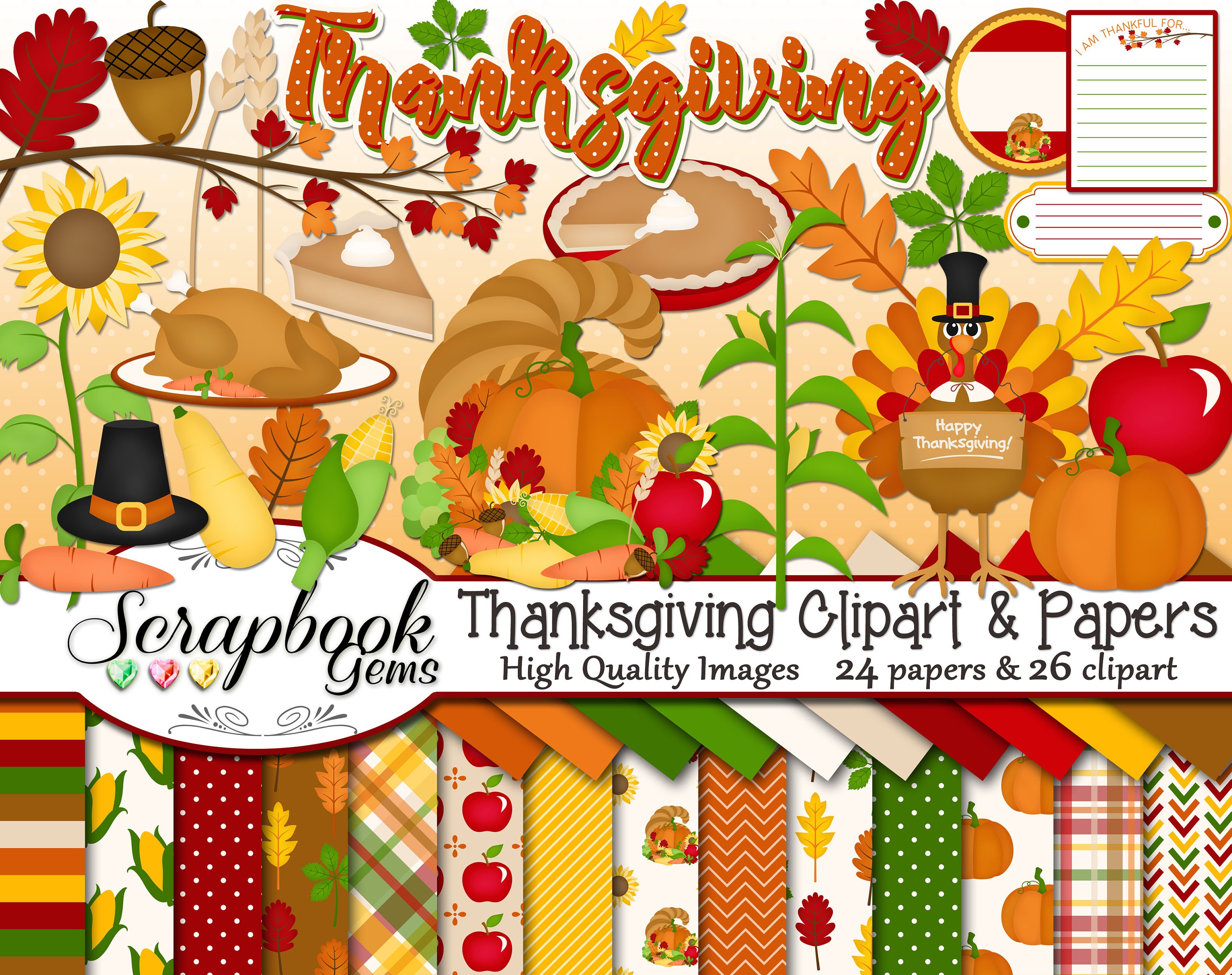 THANKSGIVING Clipart and Papers Kit 26 Png Clip Arts 24 Jpeg - Etsy