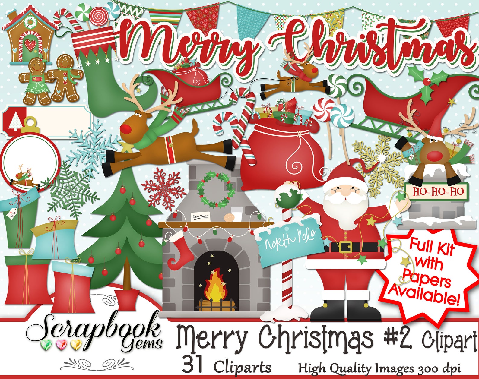MERRY CHRISTMAS SET2 Clipart and Papers Kit, 31 Png Clip Arts, 19 Jpeg ...