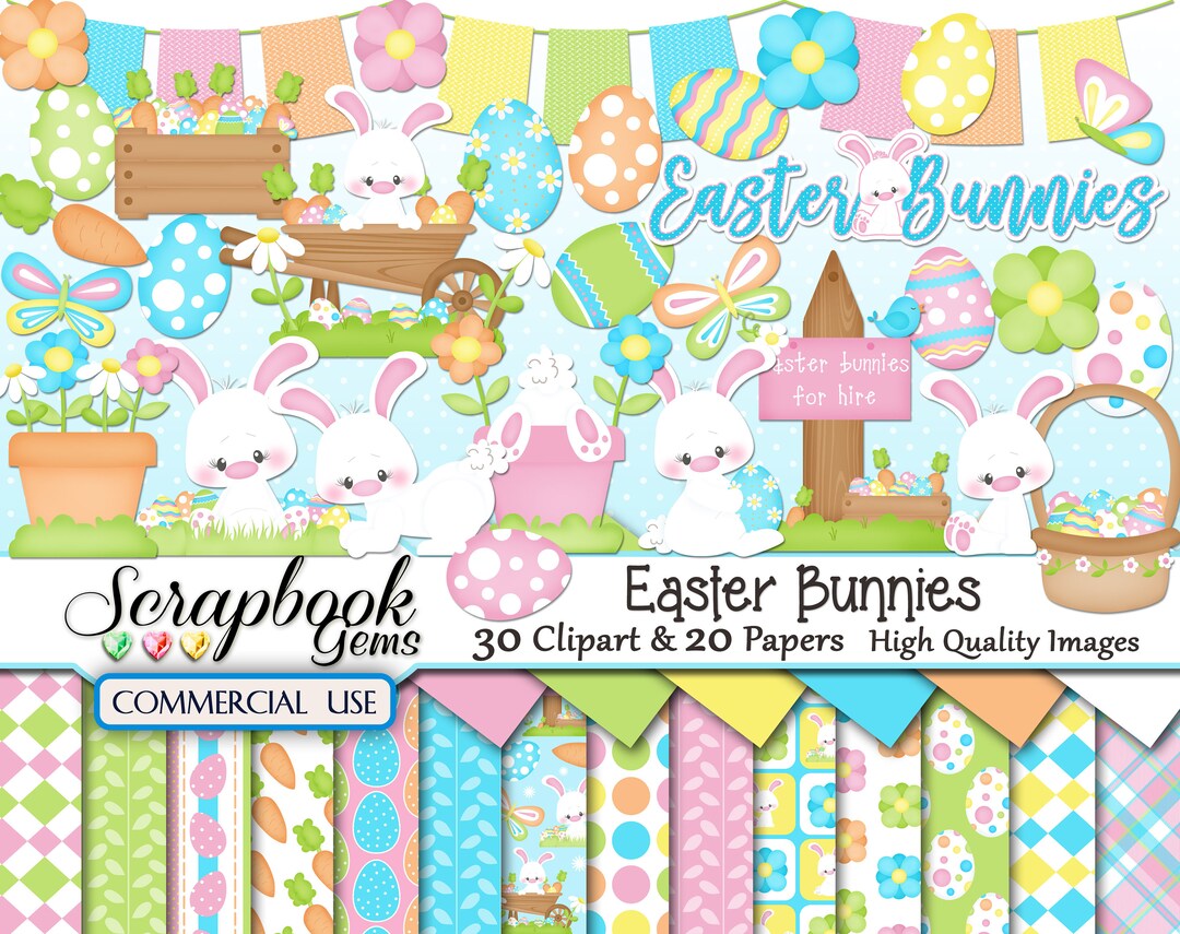 EASTER BUNNIES Clipart & Papers Kit, 30 Png Clipart Files, 20 Jpeg ...