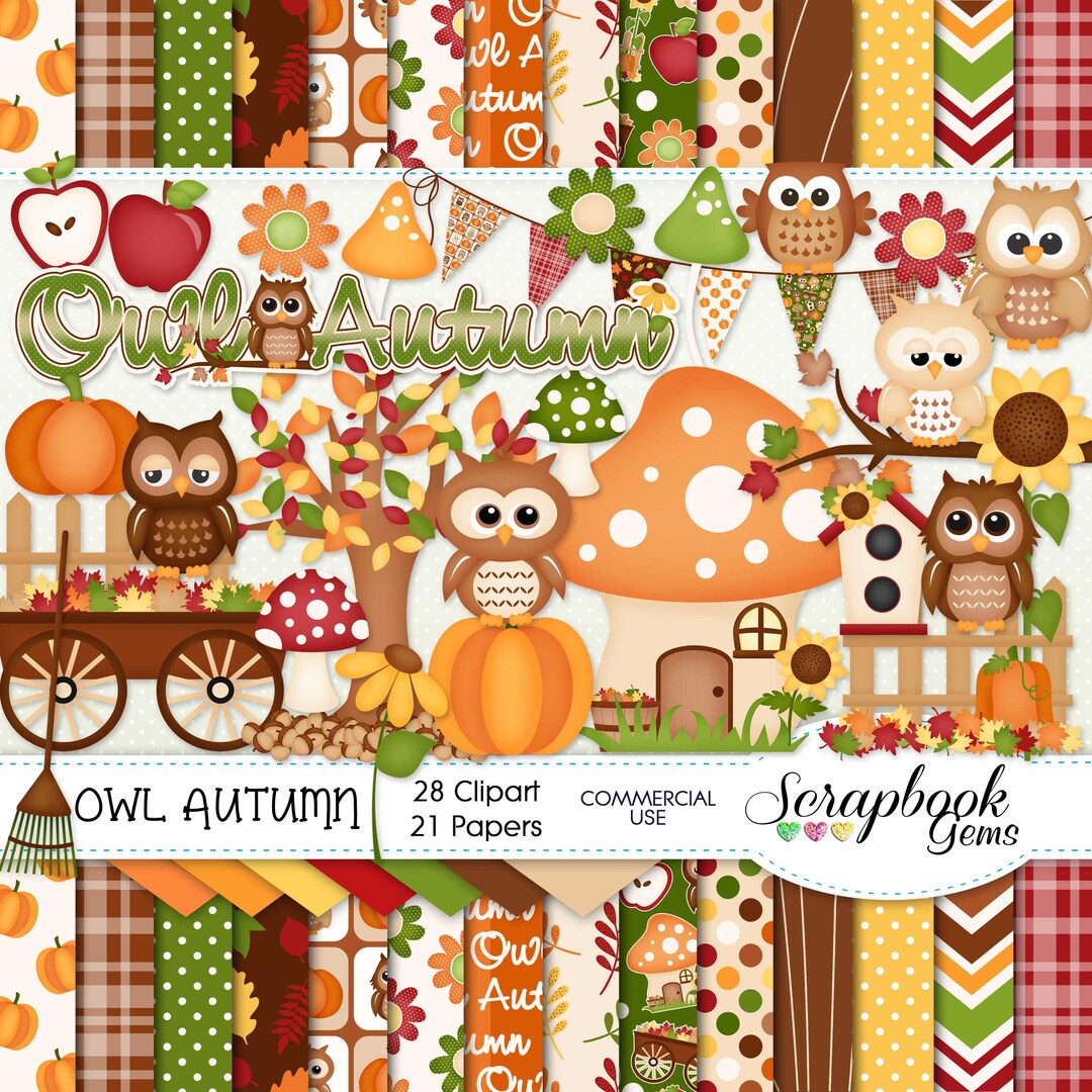OWL AUTUMN Clipart & Papers Kit, 28 Png Clipart Files, 21 Jpeg Paper ...