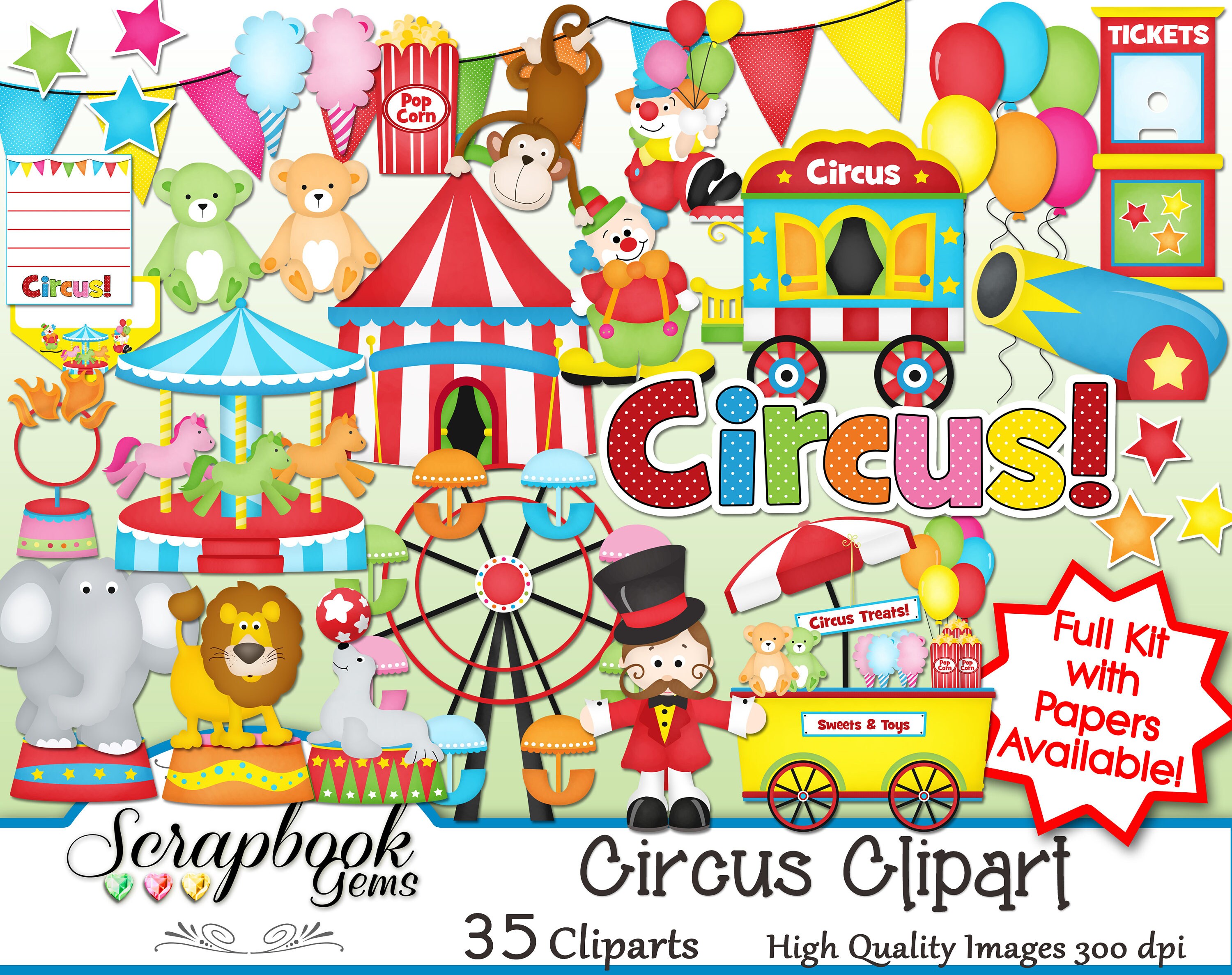 CIRCUS Clipart and Papers Kit 35 Png Clip Arts 24 Jpeg - Etsy