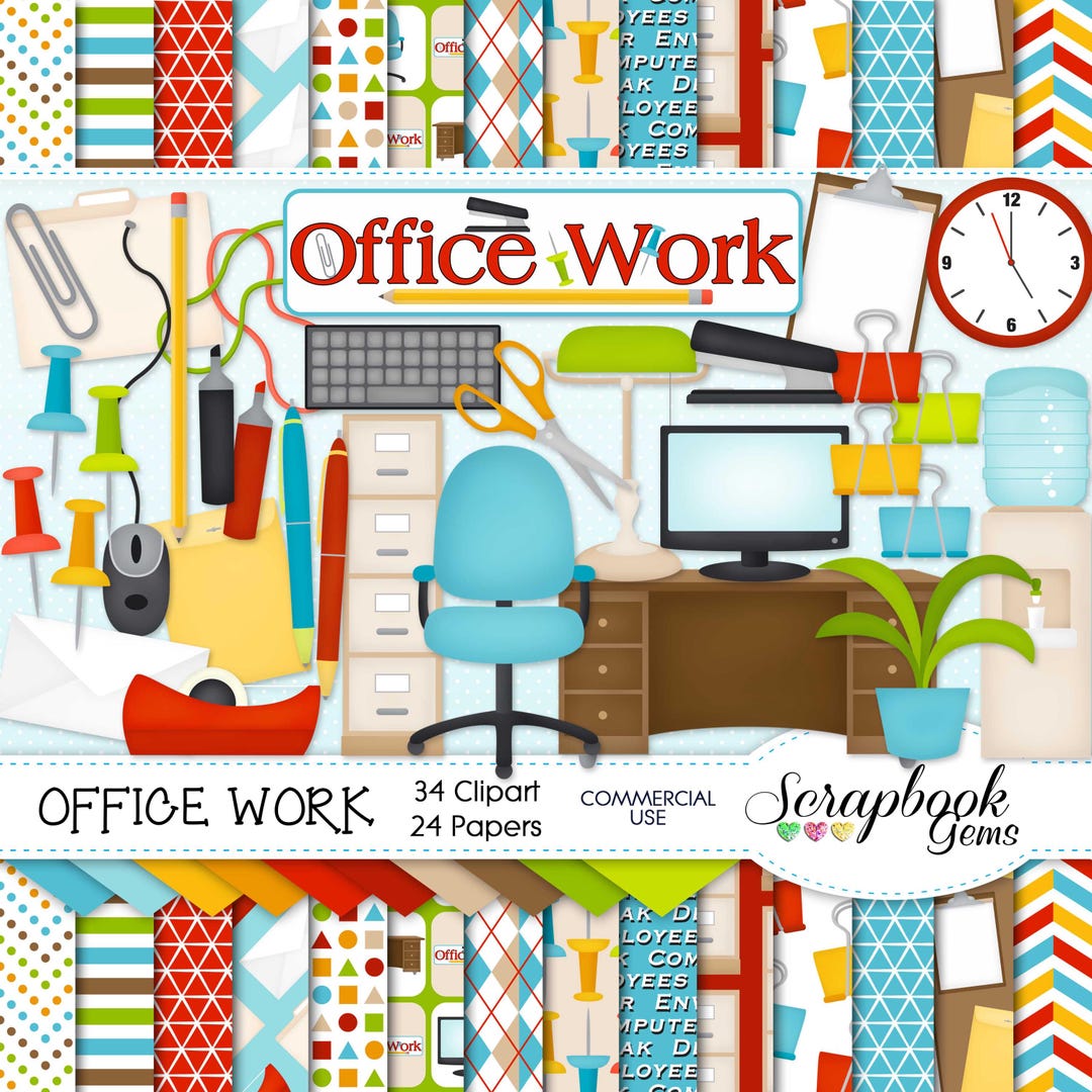 OFFICE WORK Clipart and Papers Kit, 34 Png Clip Arts, 24 Jpeg Papers ...