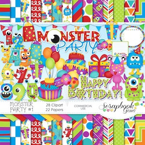 MONSTER PARTY Kit 1 Clipart and Papers Kit, 28 Png Clip Arts, 22 Jpeg ...