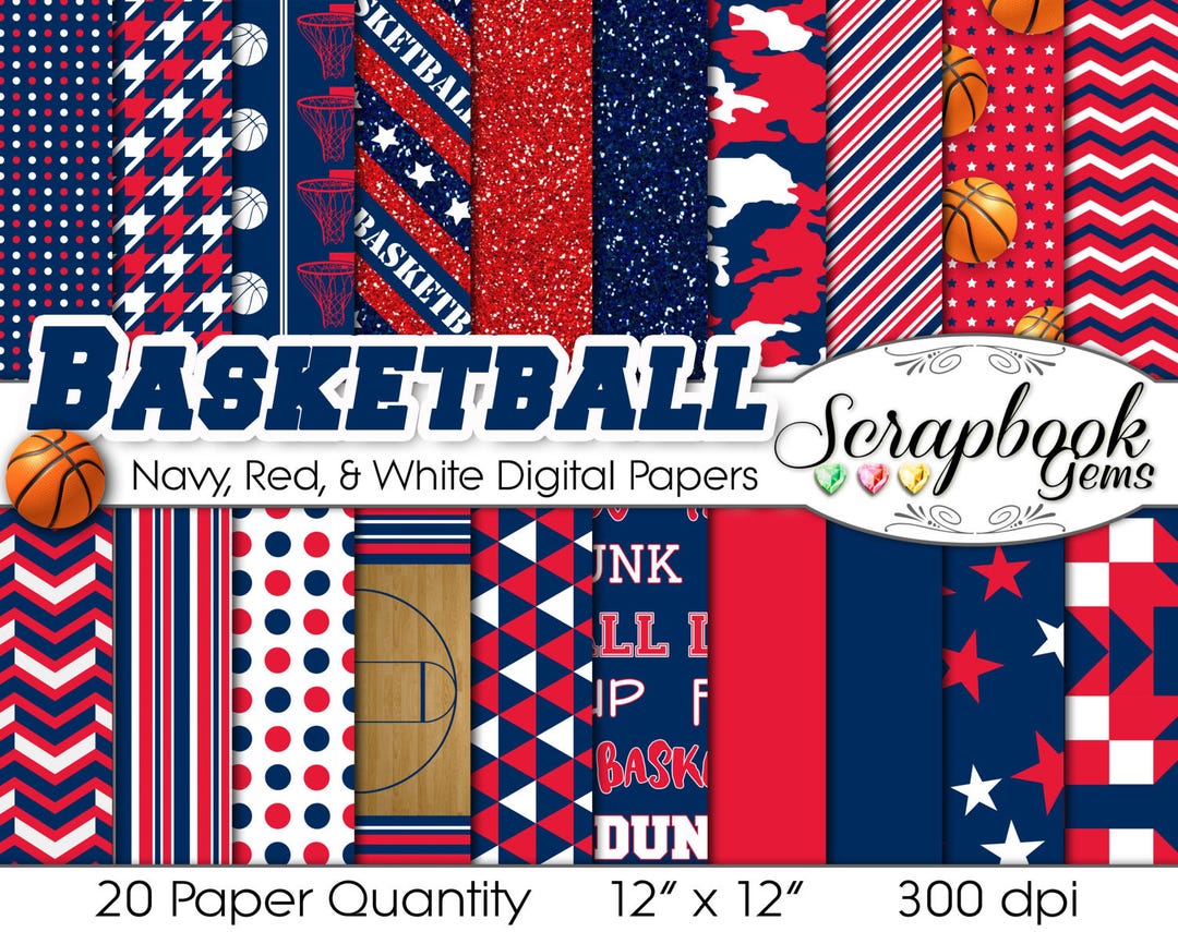 Basketball Digital Papers Red, Navy, & White, 20 Pieces, 12 X 12, High ...