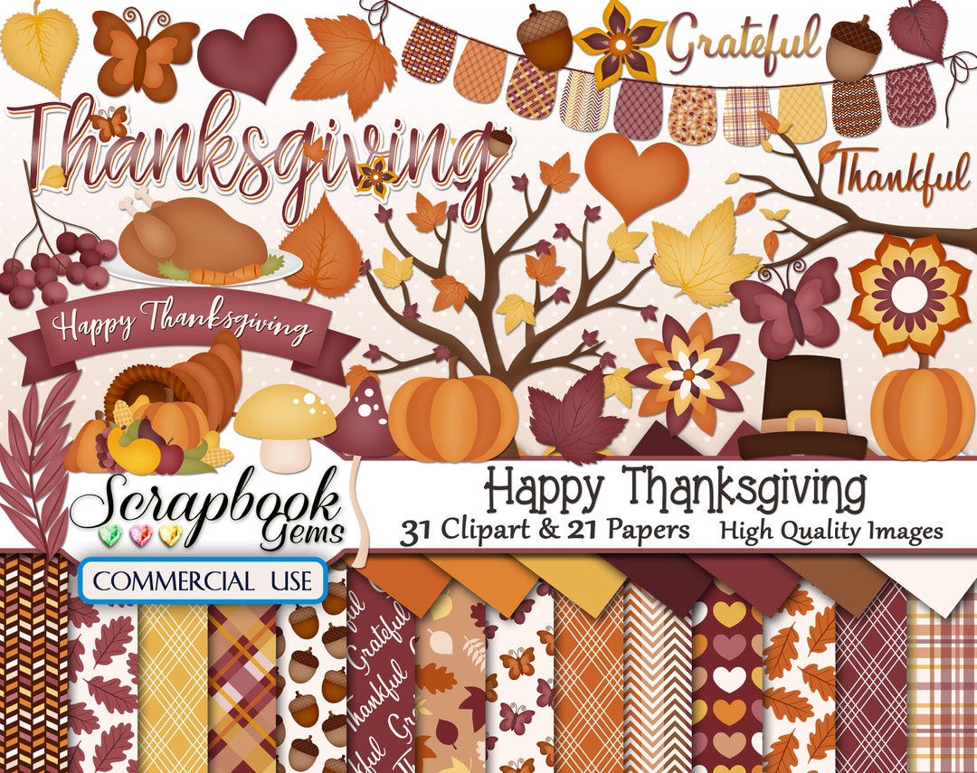 HAPPY THANKSGIVING Clipart & Papers Kit, 31 Png Clipart Files, 21 Jpeg ...